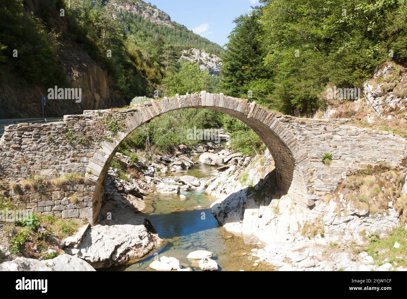 Ancient Roman bridge along the road to Anso, Spain. Ordesa valley ...