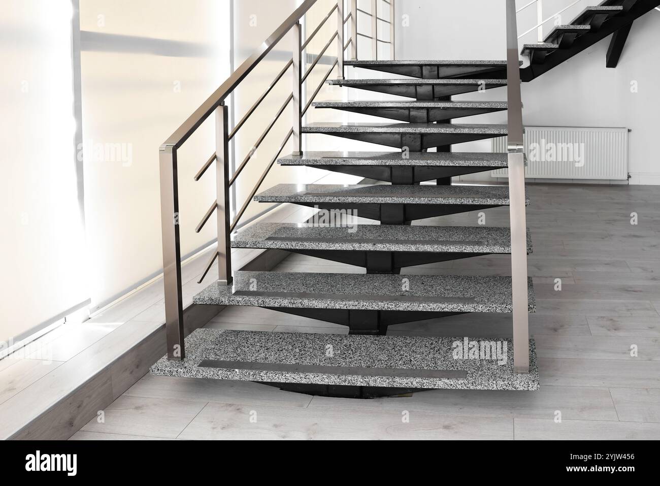 Empty staircase and metal railing indoors. Interior design Stock Photo ...