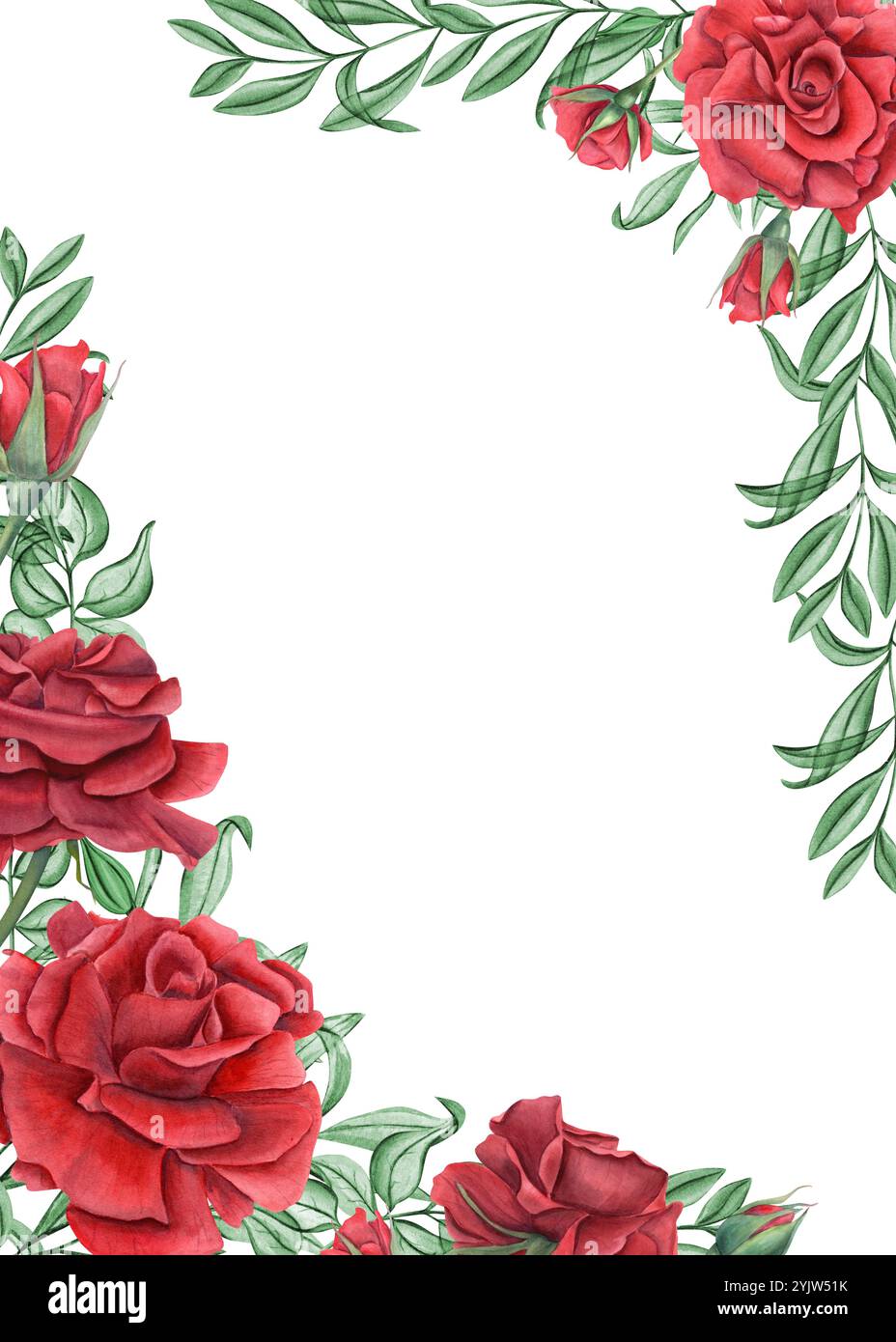 Red rose flowers, abstract leaves watercolor vertical rectangle frame ...