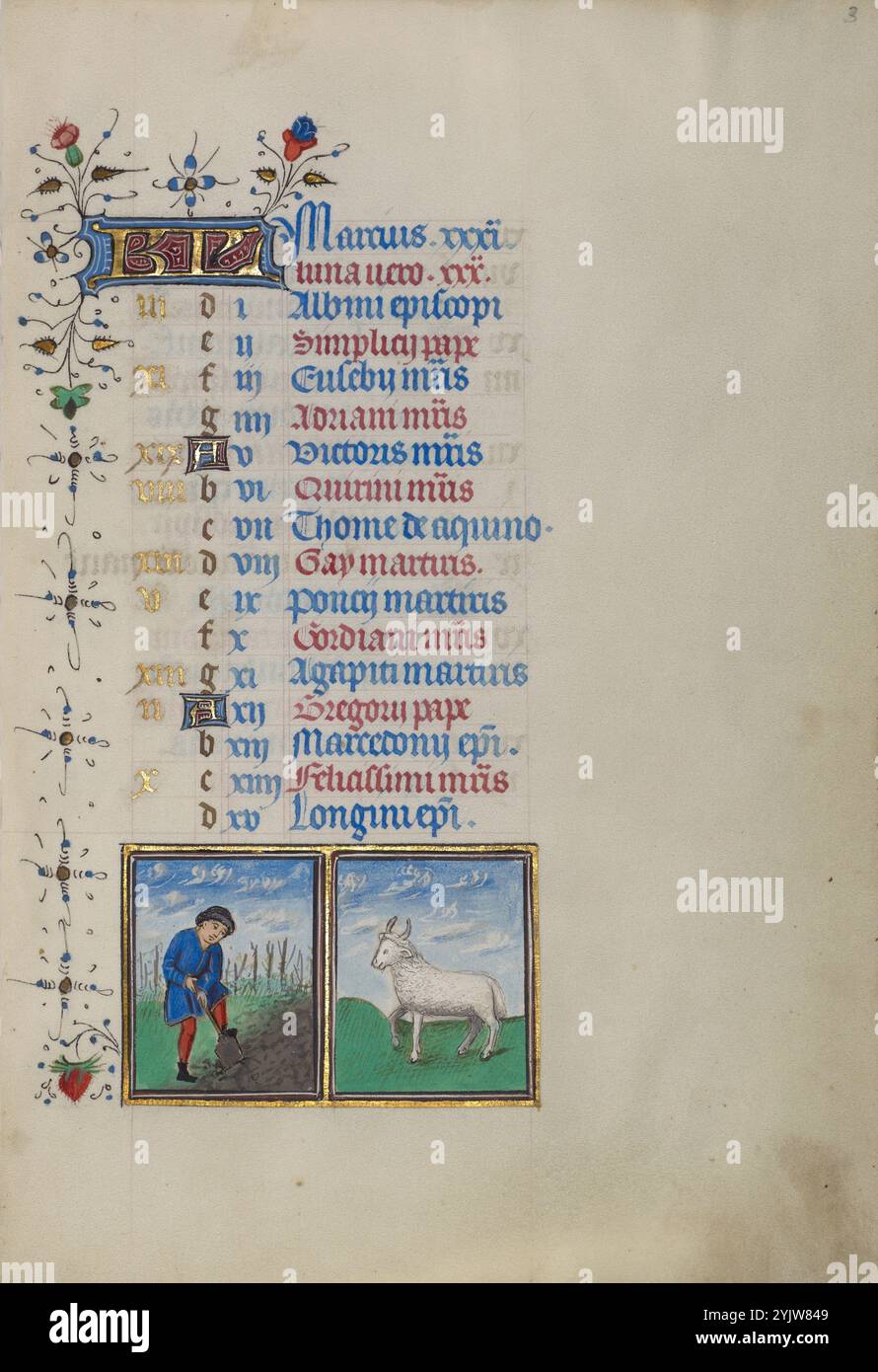 Calendar Page for March: Digging: Aries; Book of Hours, about 1450-1455 ...