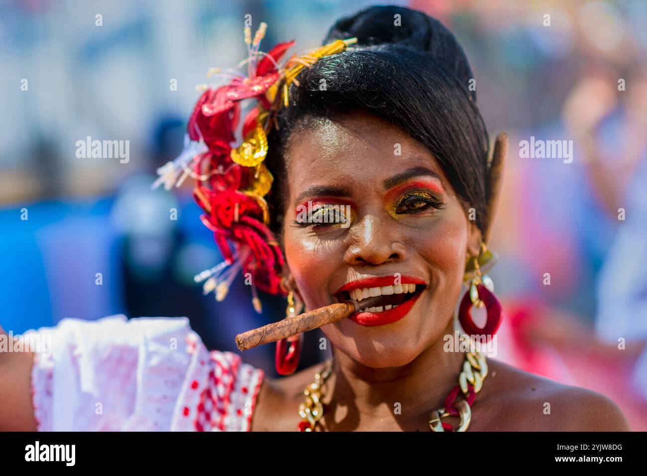An Afro-Colombian cumbia dancer performs during the Batalla de Flores ...