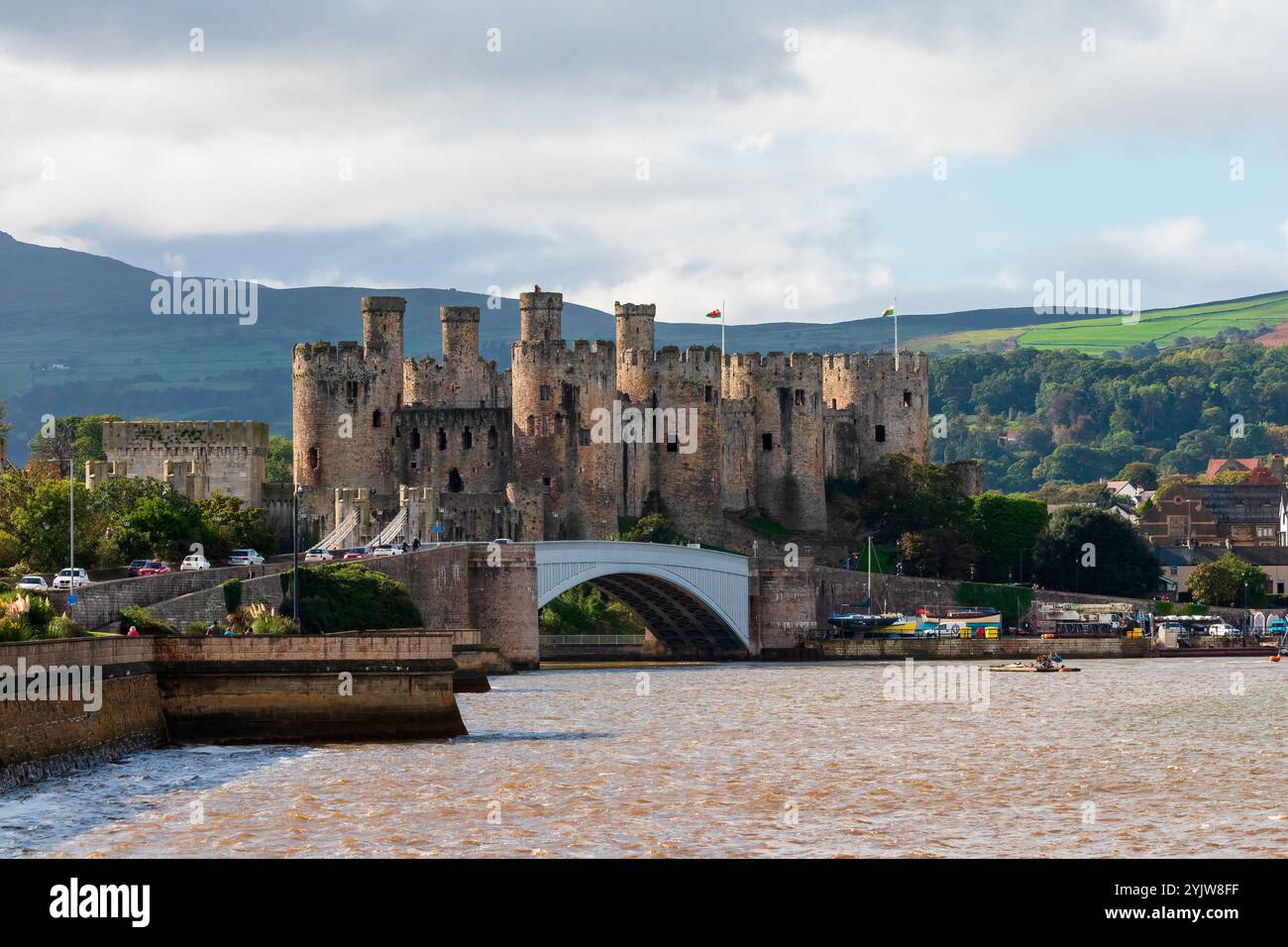 Conwy Castle - Panoramic View of the castle Stock Photo - Alamy