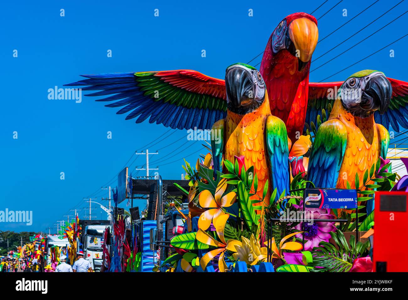 Allegorical floats are seen lined up, waiting for the start of the ...