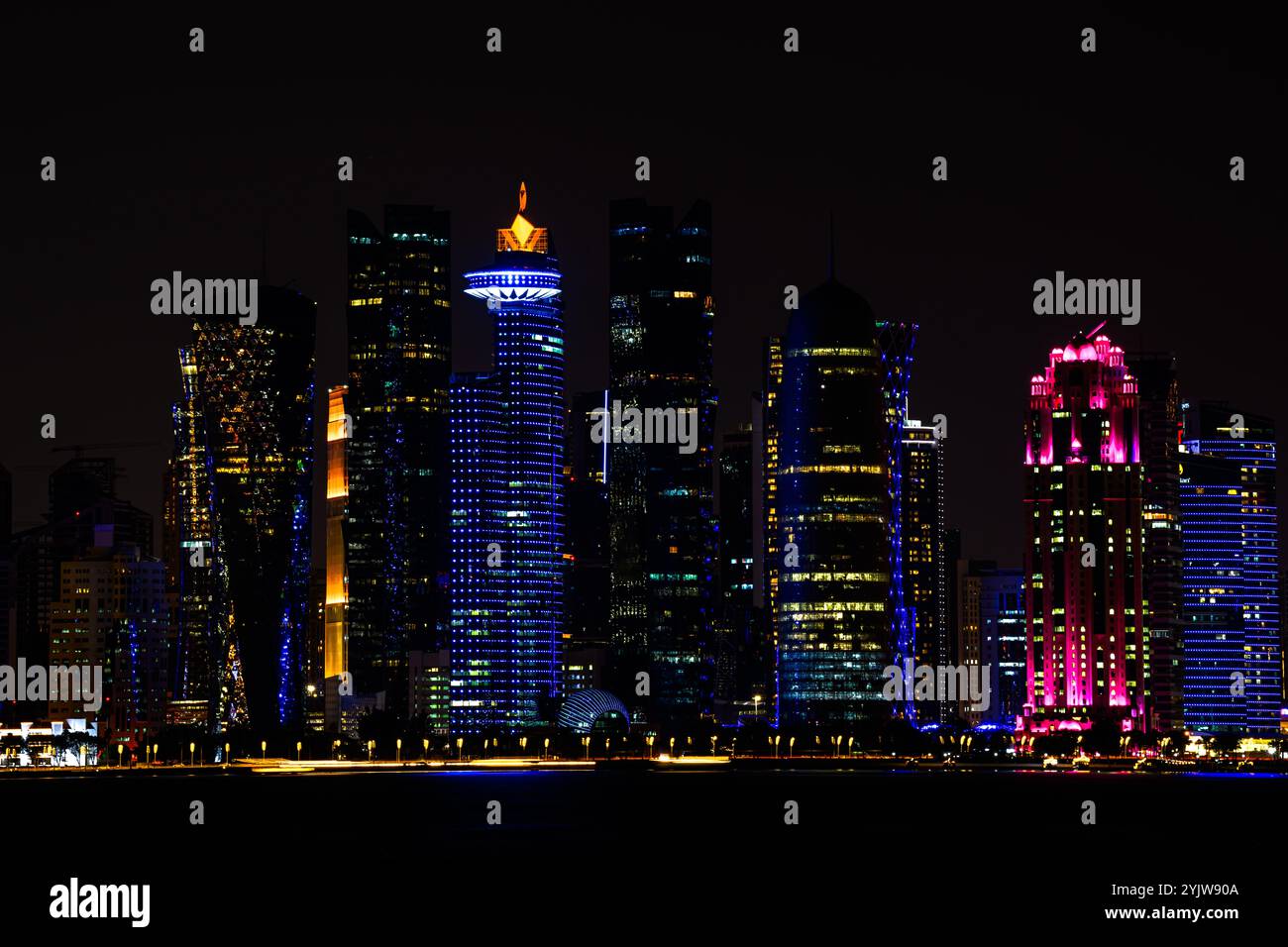 Skyscrapers of downtown Doha at night, Qatar Stock Photo - Alamy