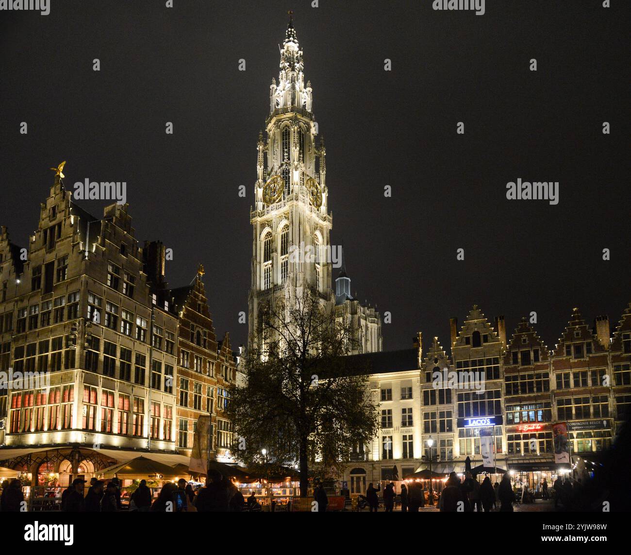 Antwerp by night with historical houses and church Stock Photo - Alamy