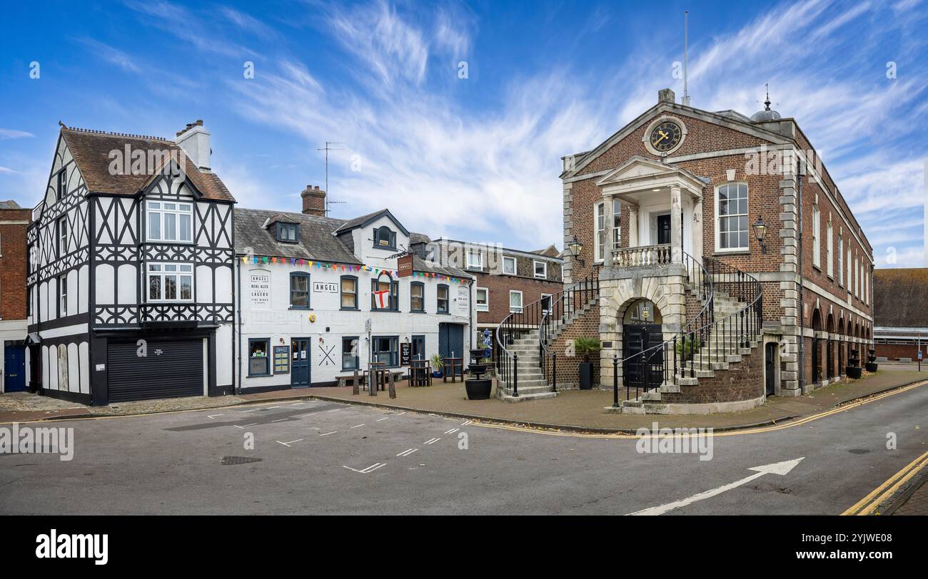 Poole Guildhall and The Angel Pub in Market Street, Poole, Dorset, UK ...