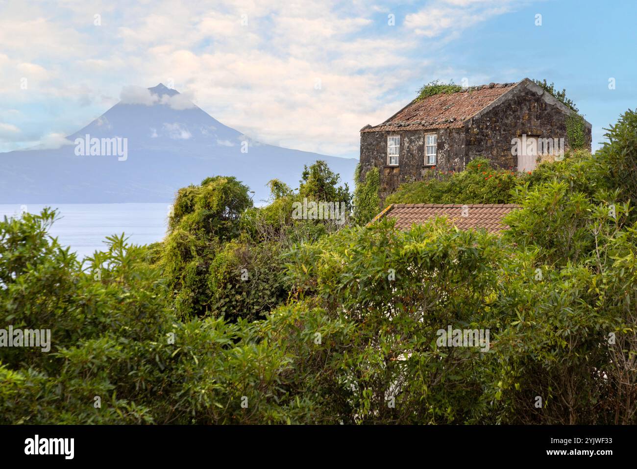 View to Mount Pico from the village Calheta in Sao Jorge Island, Azores ...