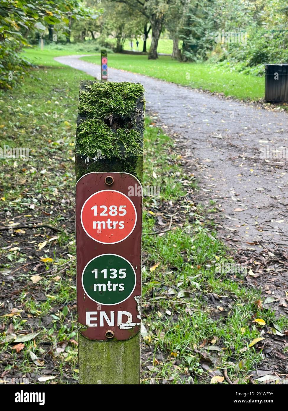 A trail marker showing distances along a moss-covered post on a forest ...