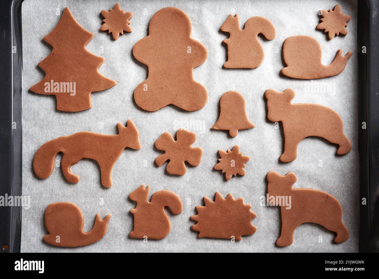 Shapes cut out from raw pastry dough on a sheet of baking paper ...