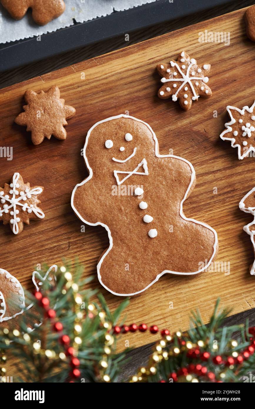 Homemade gingerbread Christmas man decorated with white icing, top view ...