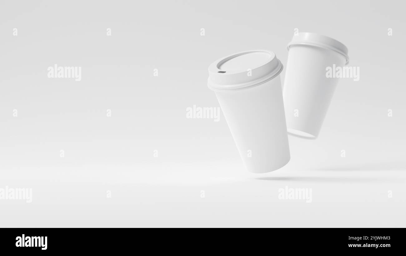 Two Minimalist White Blank Paper Coffee Cup floating above white ...