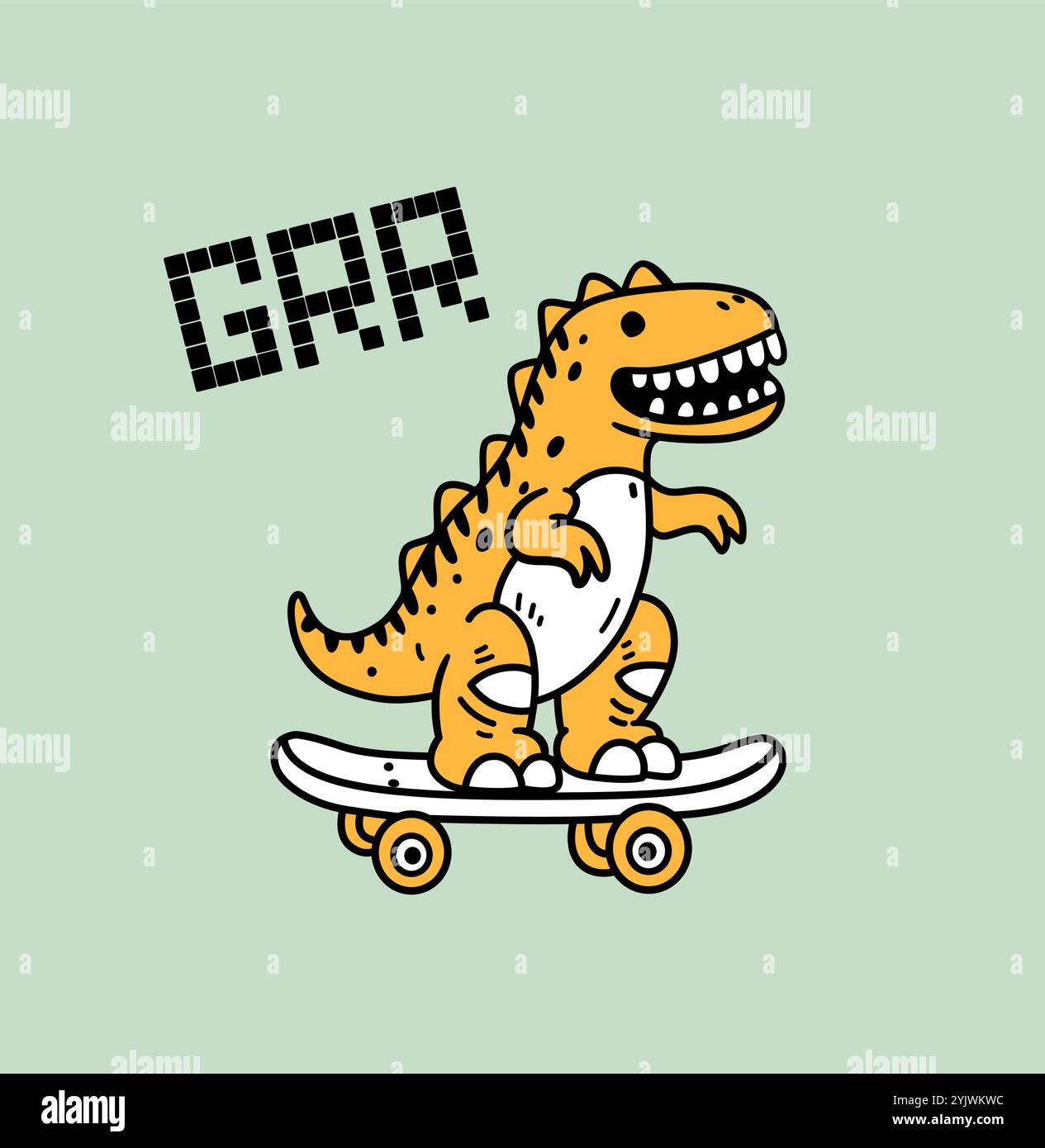 Cute cartoon dinosaur riding a skateboard, cartoon illustration with ...