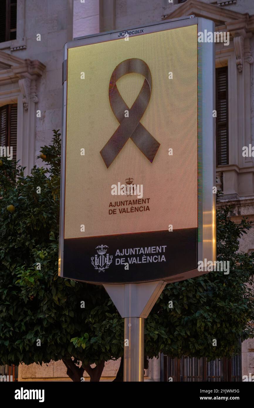Mourning ribbon for the victims of the flood disaster on a display in ...