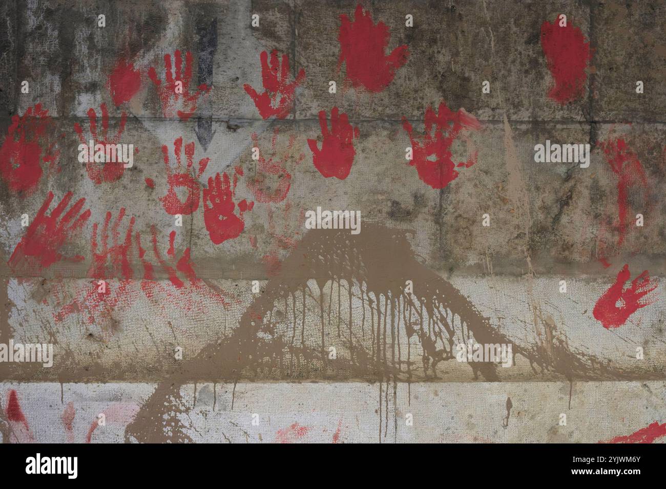 Handprints with red paint as a symbol of protest at the Palace of the ...