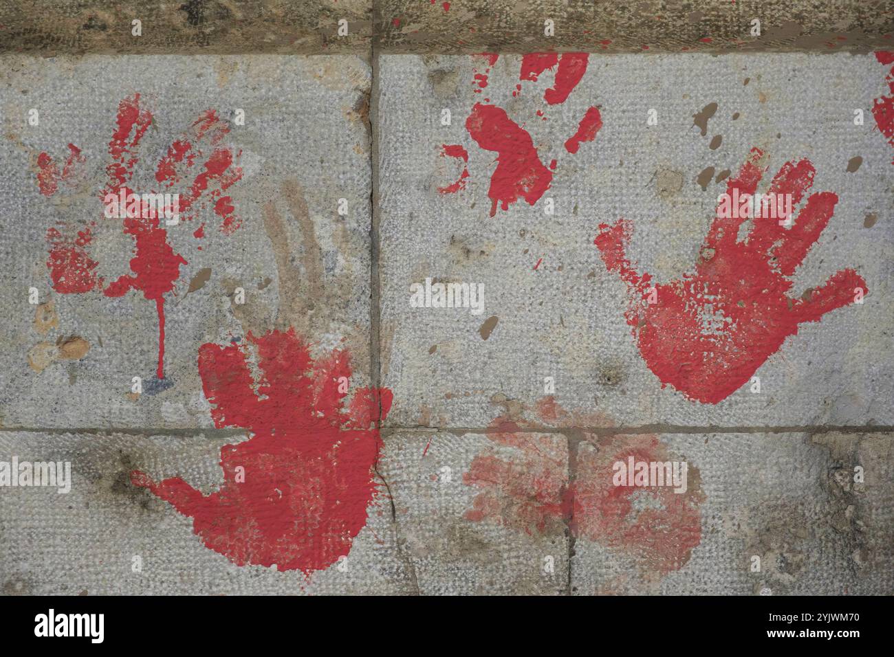 Handprints with red paint as a symbol of protest at the Palace of the ...