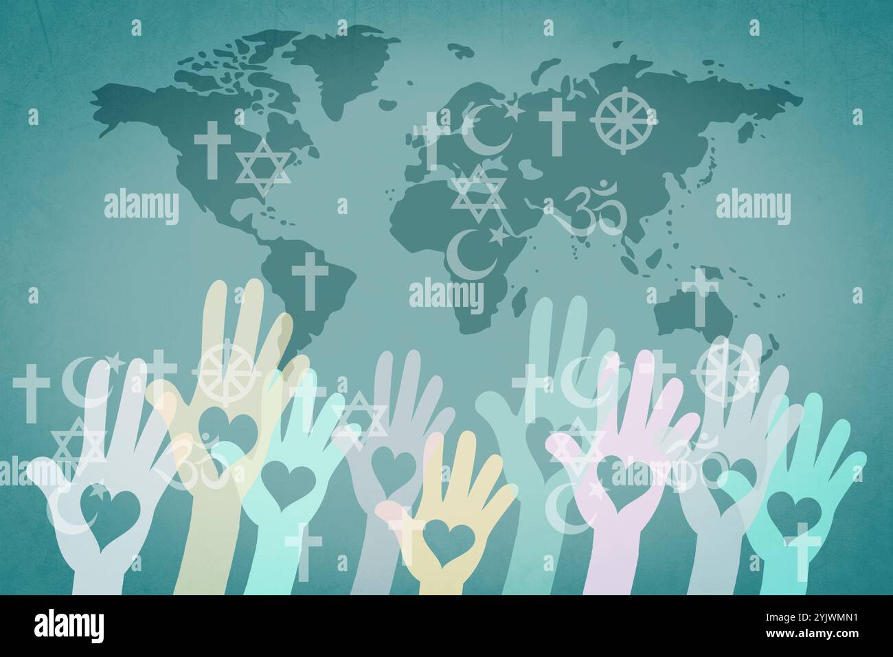 World religion day, people with symbols of different religious belief ...