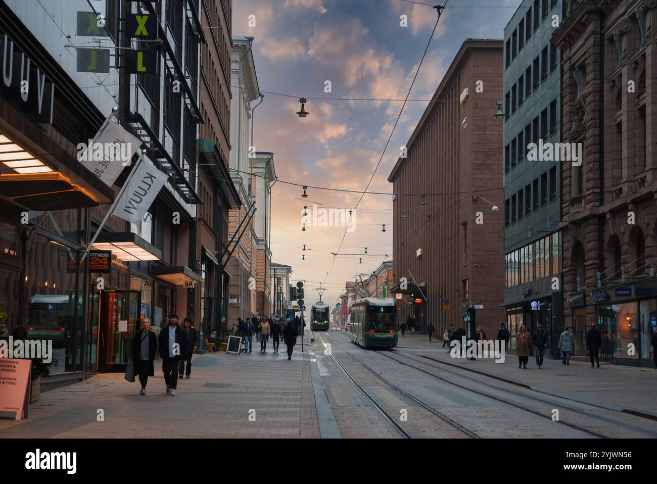 Bustling Street Scene with Trams in Helsinki City Center, Finland Stock ...