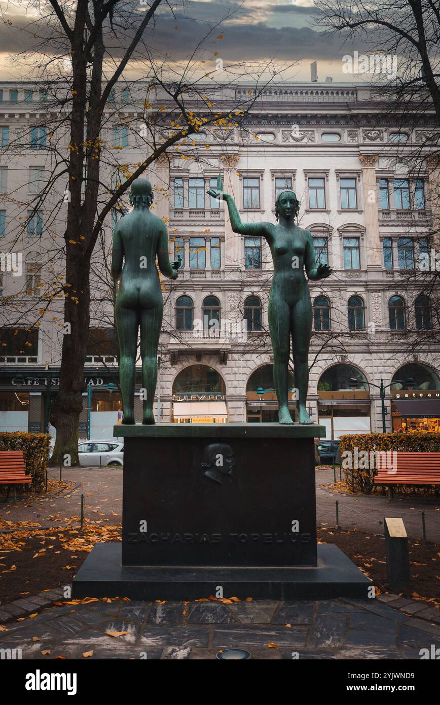 Statue of Zacharias Topelius in Helsinki Park with Autumn Foliage Stock ...