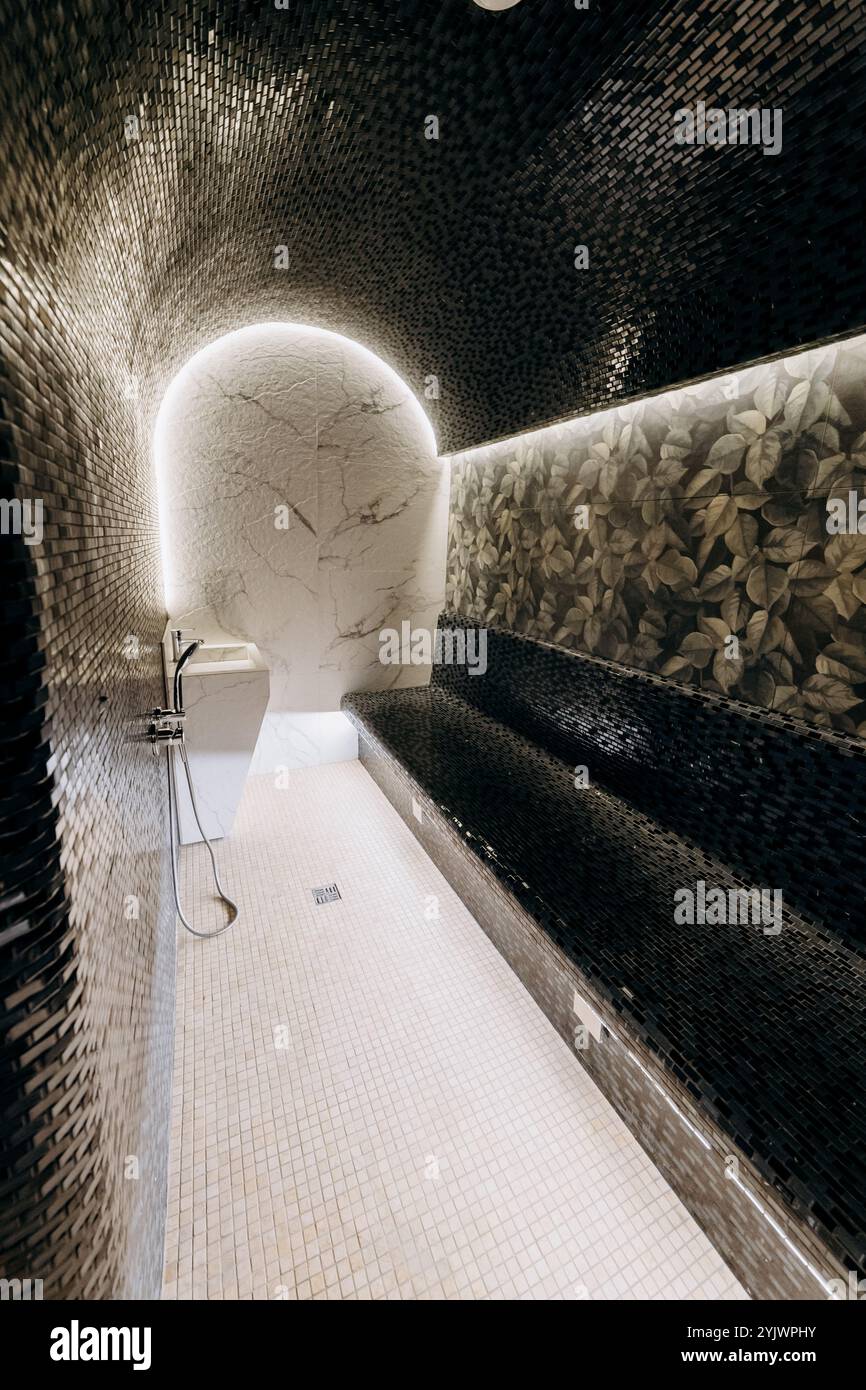 Elegant steam room with marble accents and soft lighting for a serene ...