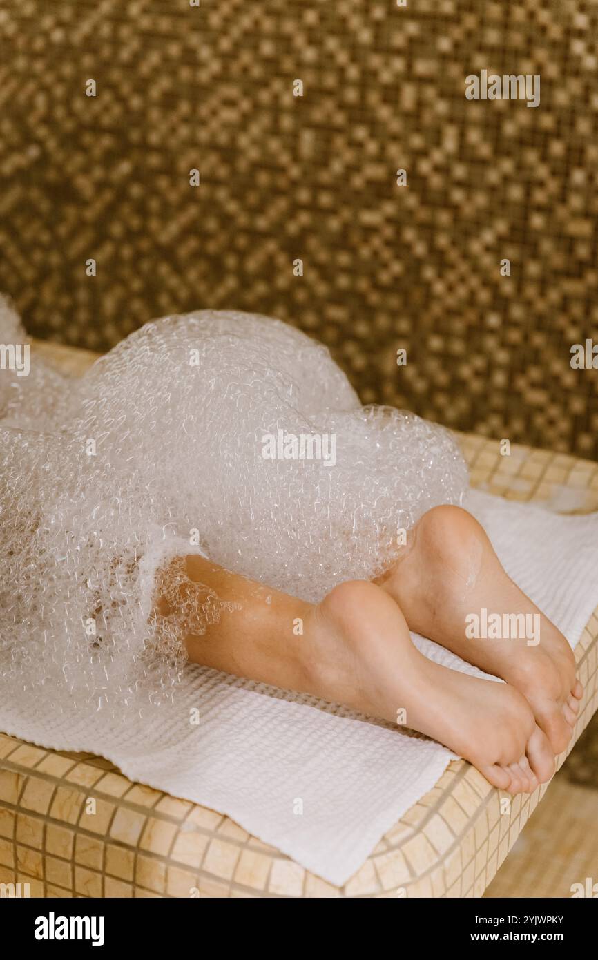 Relaxing foam bath for feet, ultimate spa experience with soothing bubbles and luxurious comfort ...