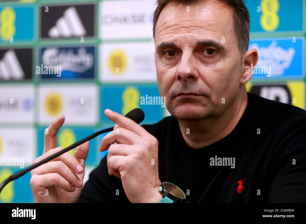 Belarus’ manager Carlos Alos during the press conference following the ...
