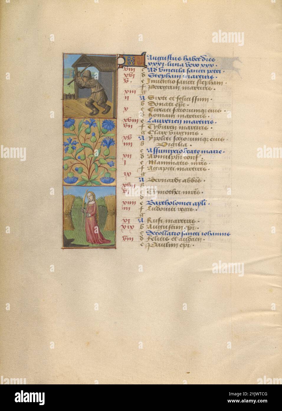 August Calendar Page; Threshing; Virgo; Katherine Hours, about 1480 ...