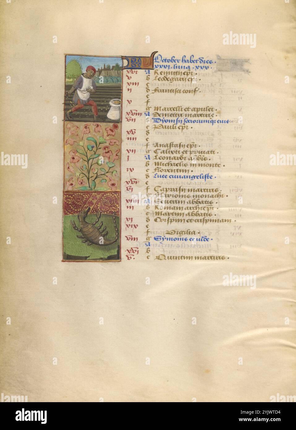 October Calendar Page; Sowing; Scorpio; Katherine Hours, about 1480 ...