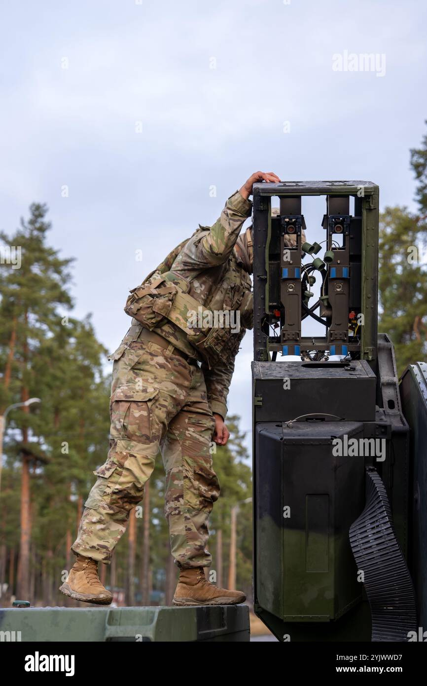 A Soldier from 1st Battalion, 57th Air Defense Artillery conducts a ...