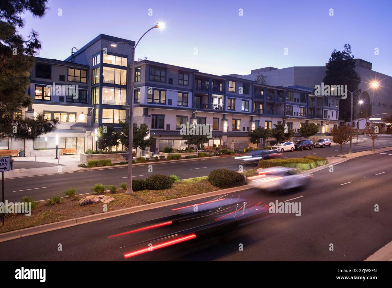 Night time view of city buildings in downtown Rolling Hills Estates ...