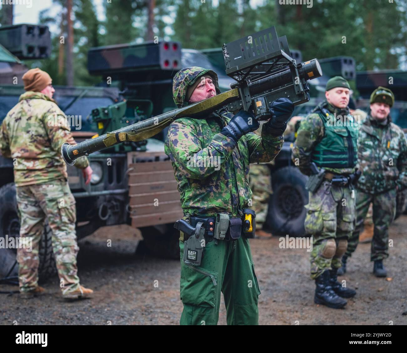 A Finnish Army ground based air defense Soldier holds a Stinger Missile ...