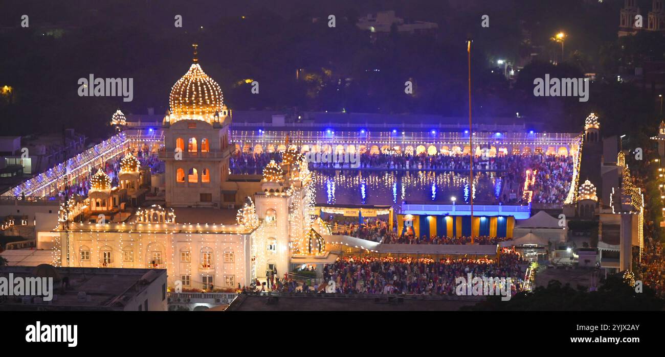 NEW DELHI, INDIA - NOVEMBER 15: An illuminated view of Bangla Sahib Gurudwara on the occasion of ...