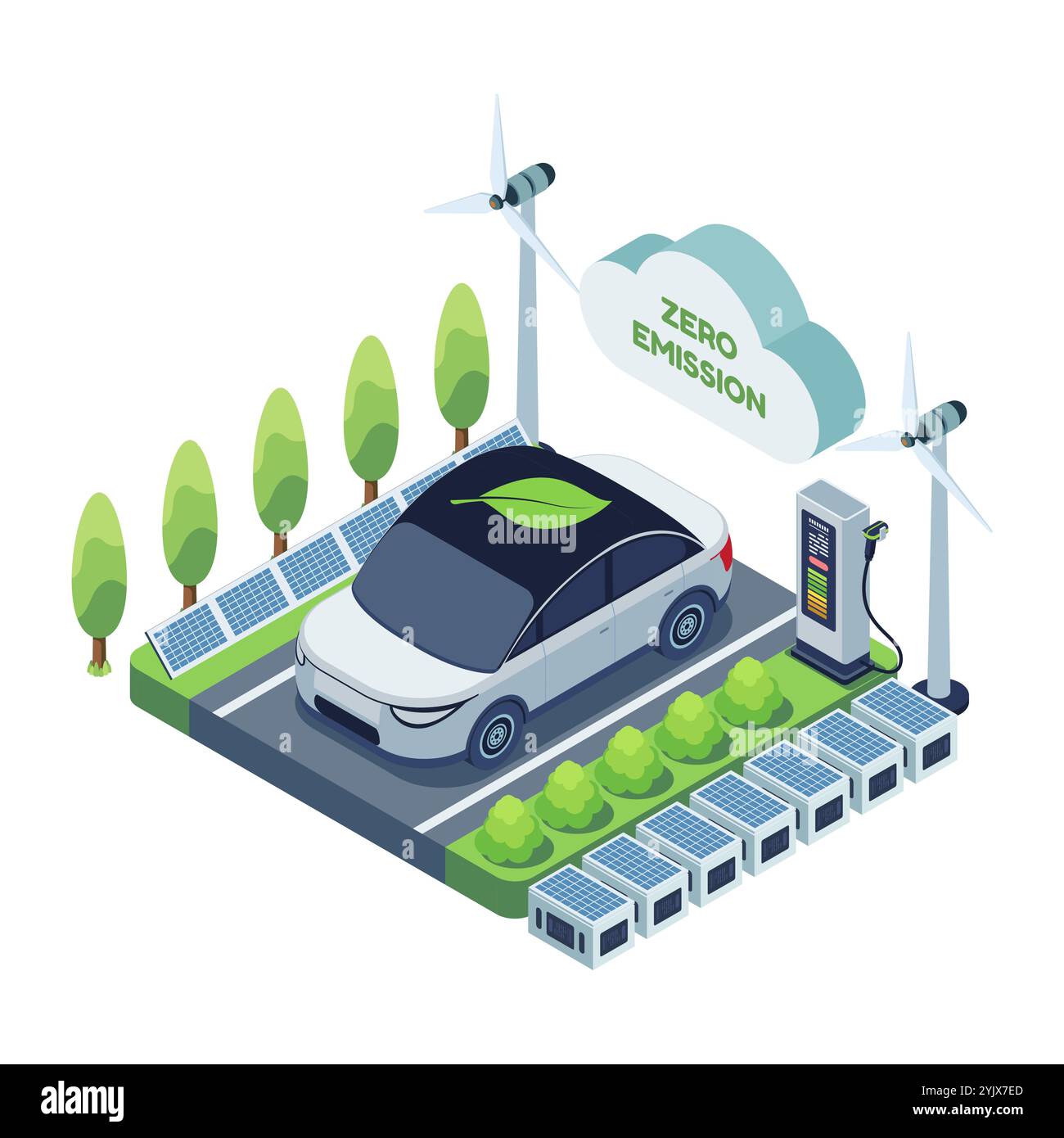 Isometric Electric Vehicle Promoting Zero Emissions with Green Leaf Symbol. Zero Emissions ...