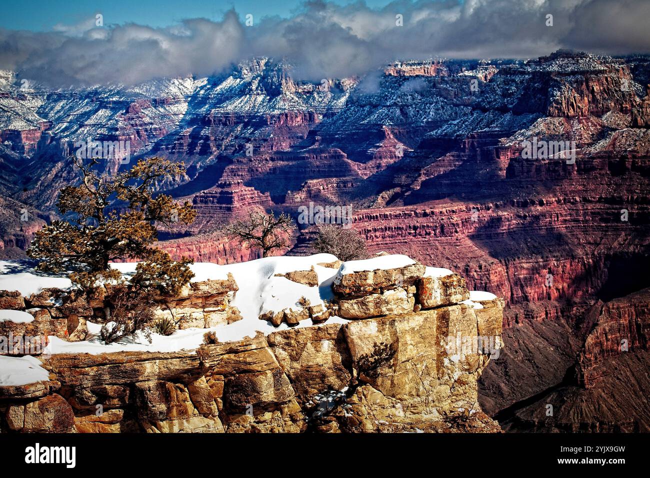 Snow covers the north and south rims in late winter at the Grand Canyon ...