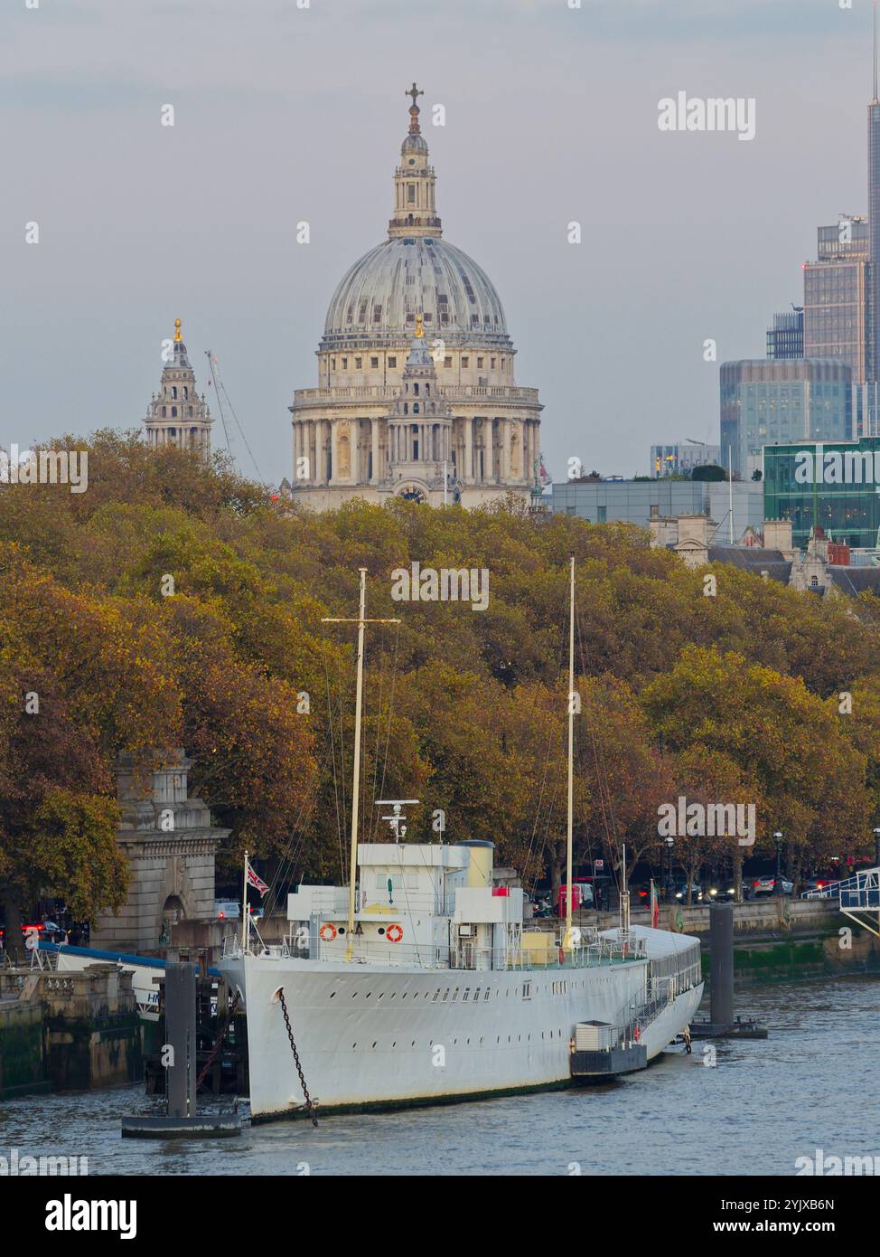 River Thames, HMS Wellington, and St Pauls Cathedral, London, England ...
