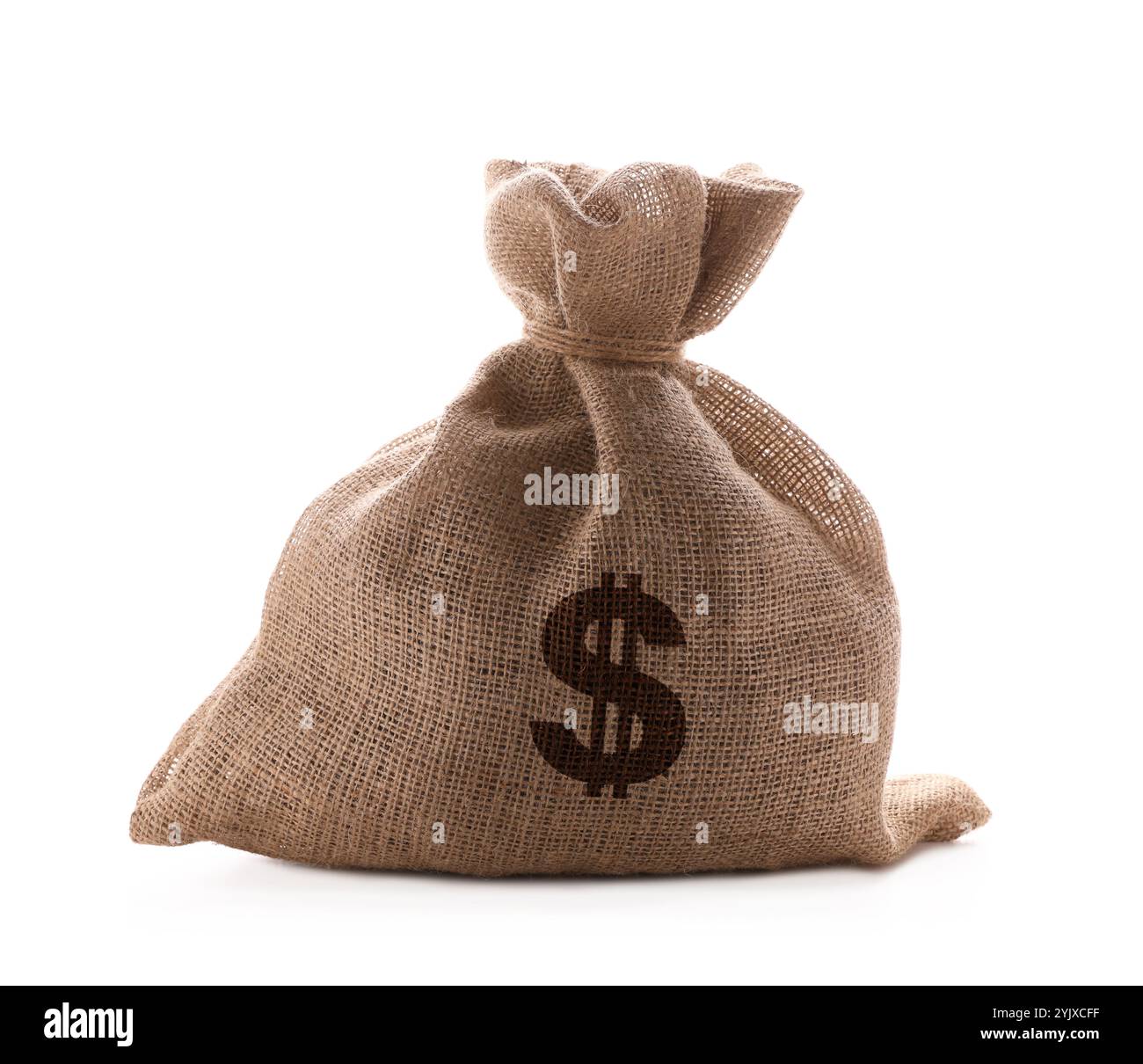 Dollar sign on burlap sack, white background Stock Photo - Alamy