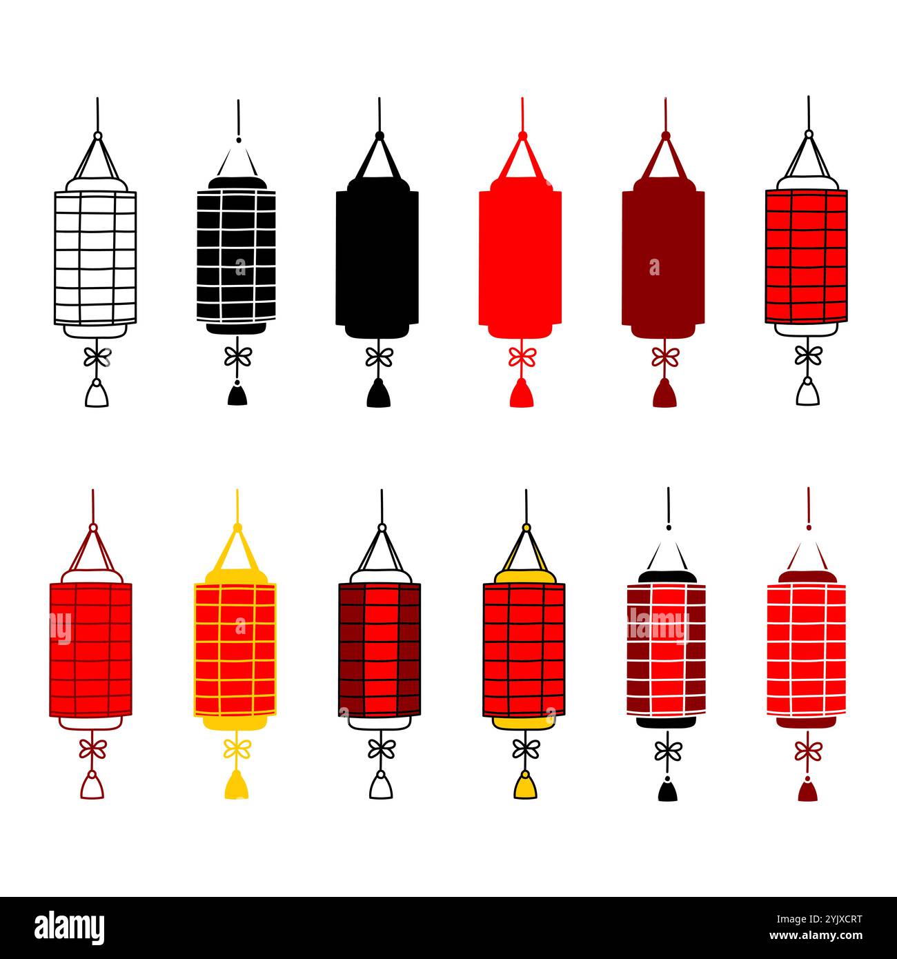 Red rectangular paper lantern with knot and tassel. Set of different ...