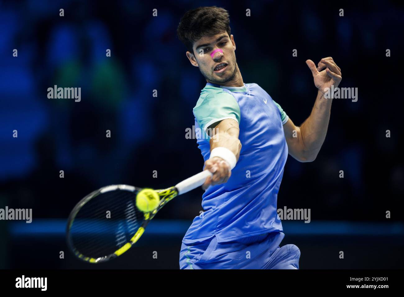 Turin, Italy. 15 November 2024. Carlos Alcaraz of Spain plays a ...