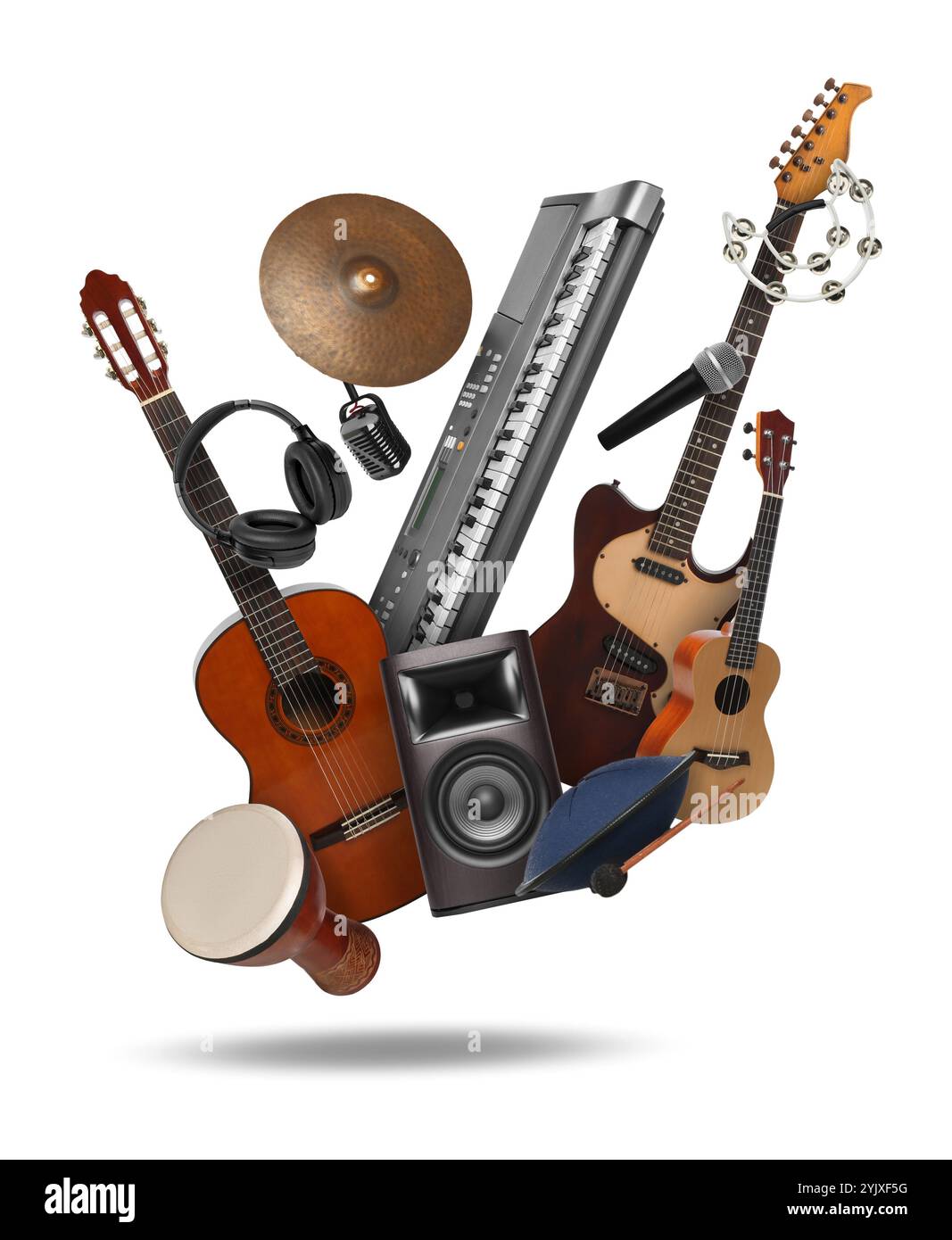 Different musical instruments in air on white Stock Photo - Alamy