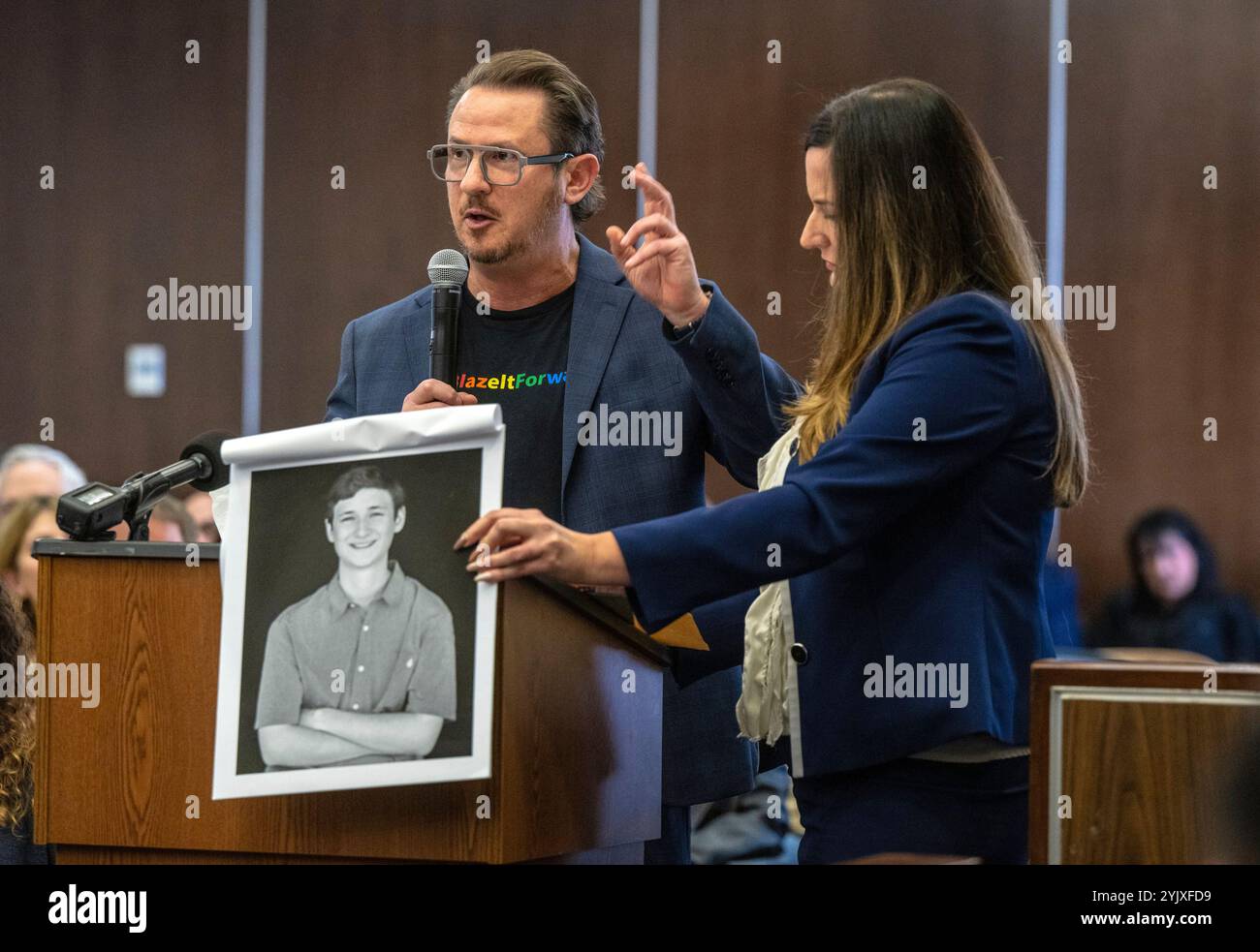 Gideon Bernstein, father of Blaze Bernstein, left, speaks as he gives a ...