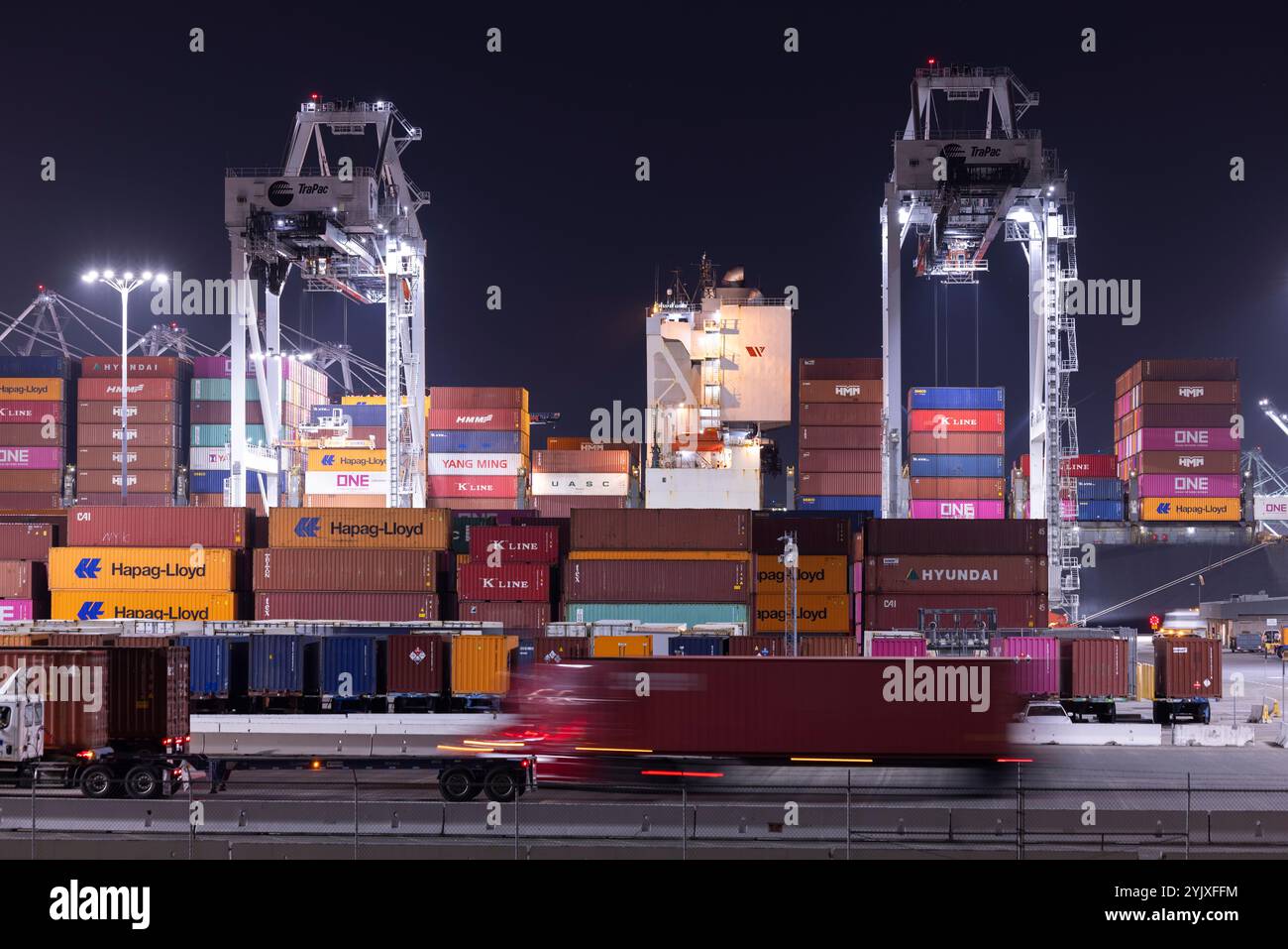 Wilmington, California, USA - July 16, 2021: Cranes unload intermodal ...
