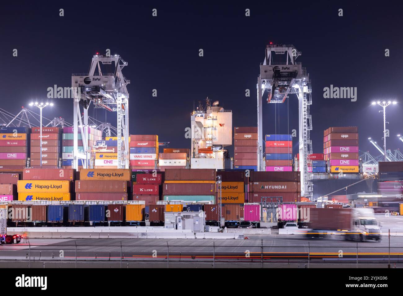 Wilmington, California, USA - July 16, 2021: Cranes unload intermodal ...