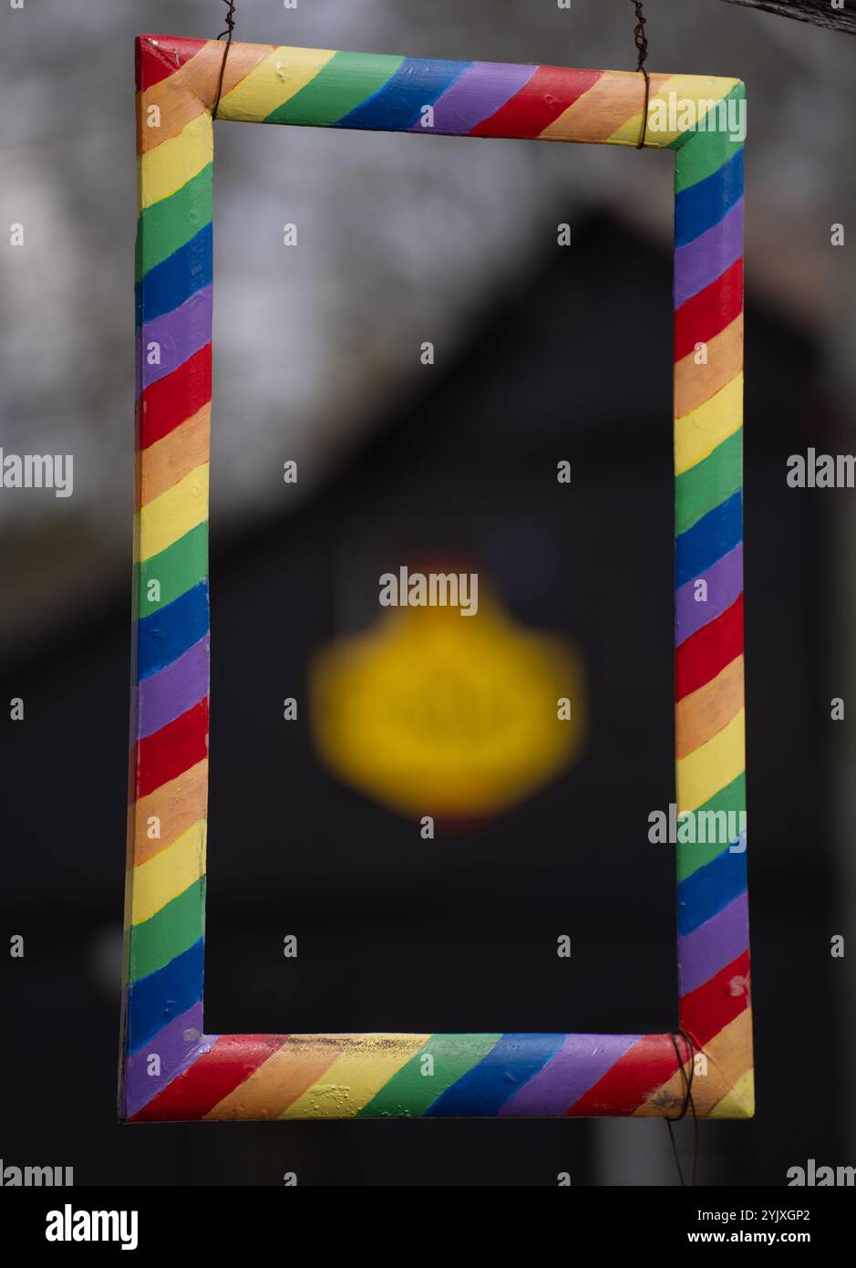 multi coloured striped rectangular painted wooden frame with yellow red ...