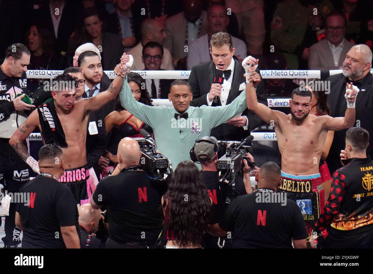 Mario Barrios, left, and Abel Ramos react after a split decision draw in a WBC welterweight ...