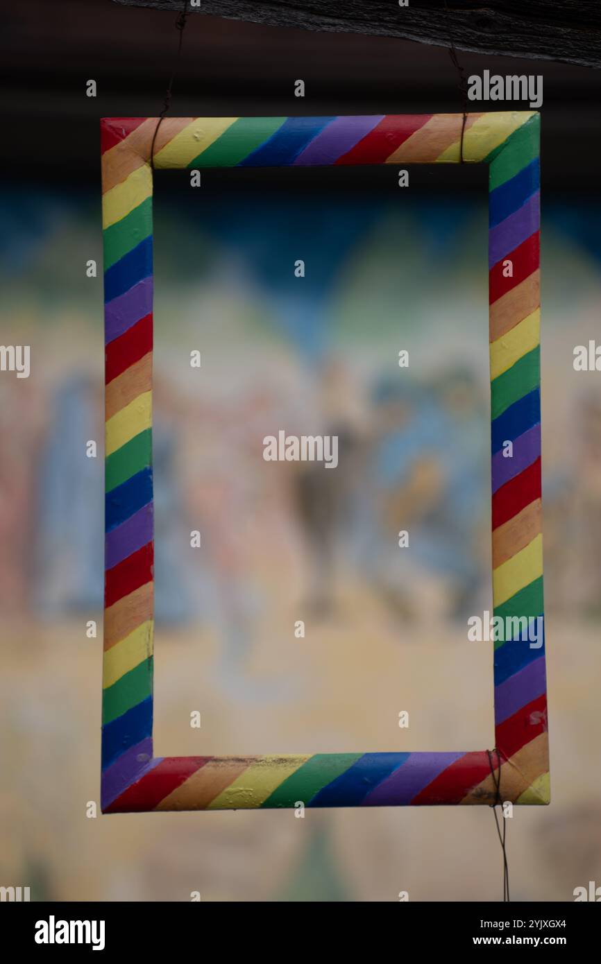 multi coloured striped rectangular painted wooden frame with yellow red ...