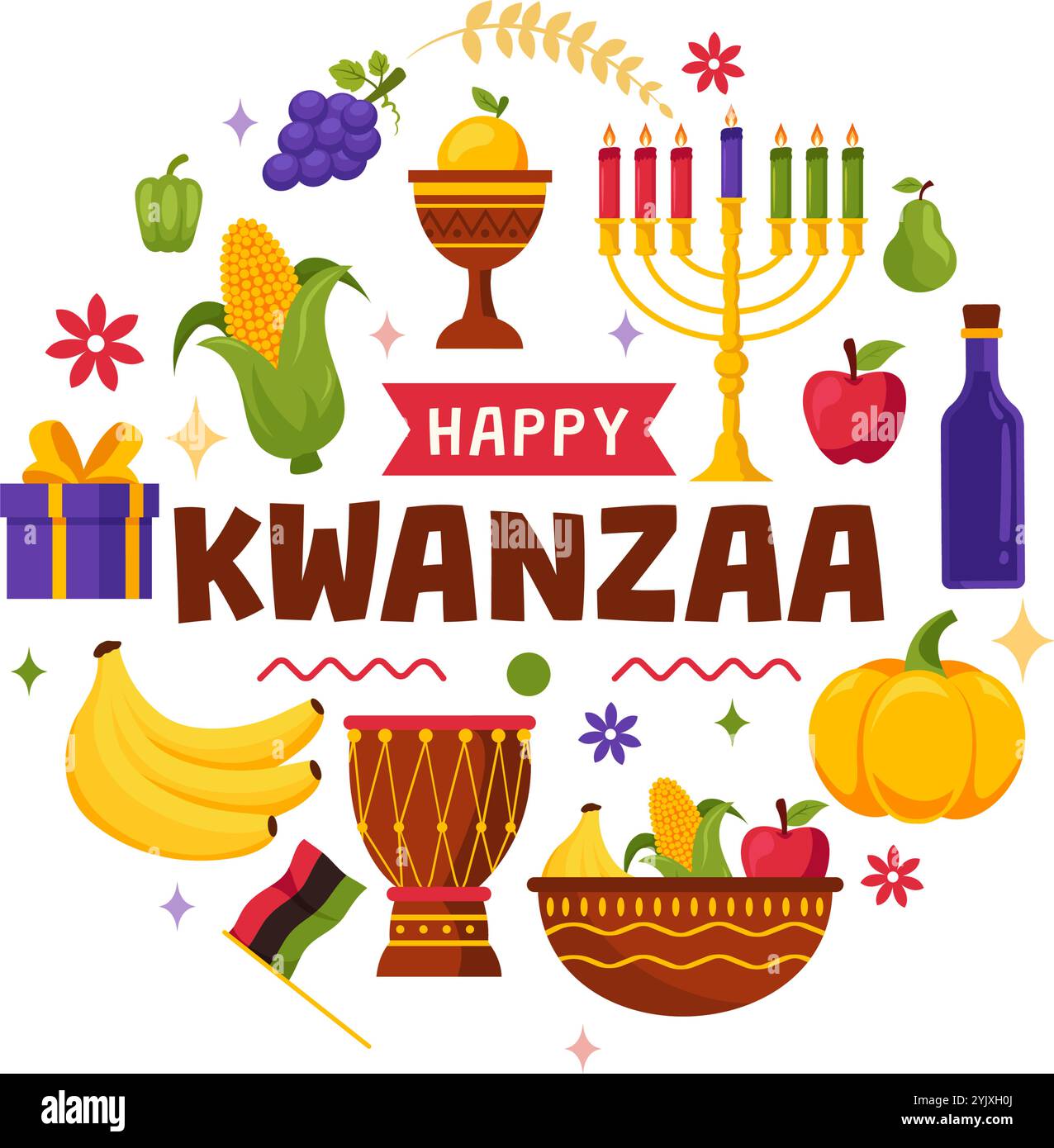 Happy Kwanzaa Vector Illustration Featuring Mazao, Zawadi, Mkeka, Kinara, Gifts, and Candles as ...