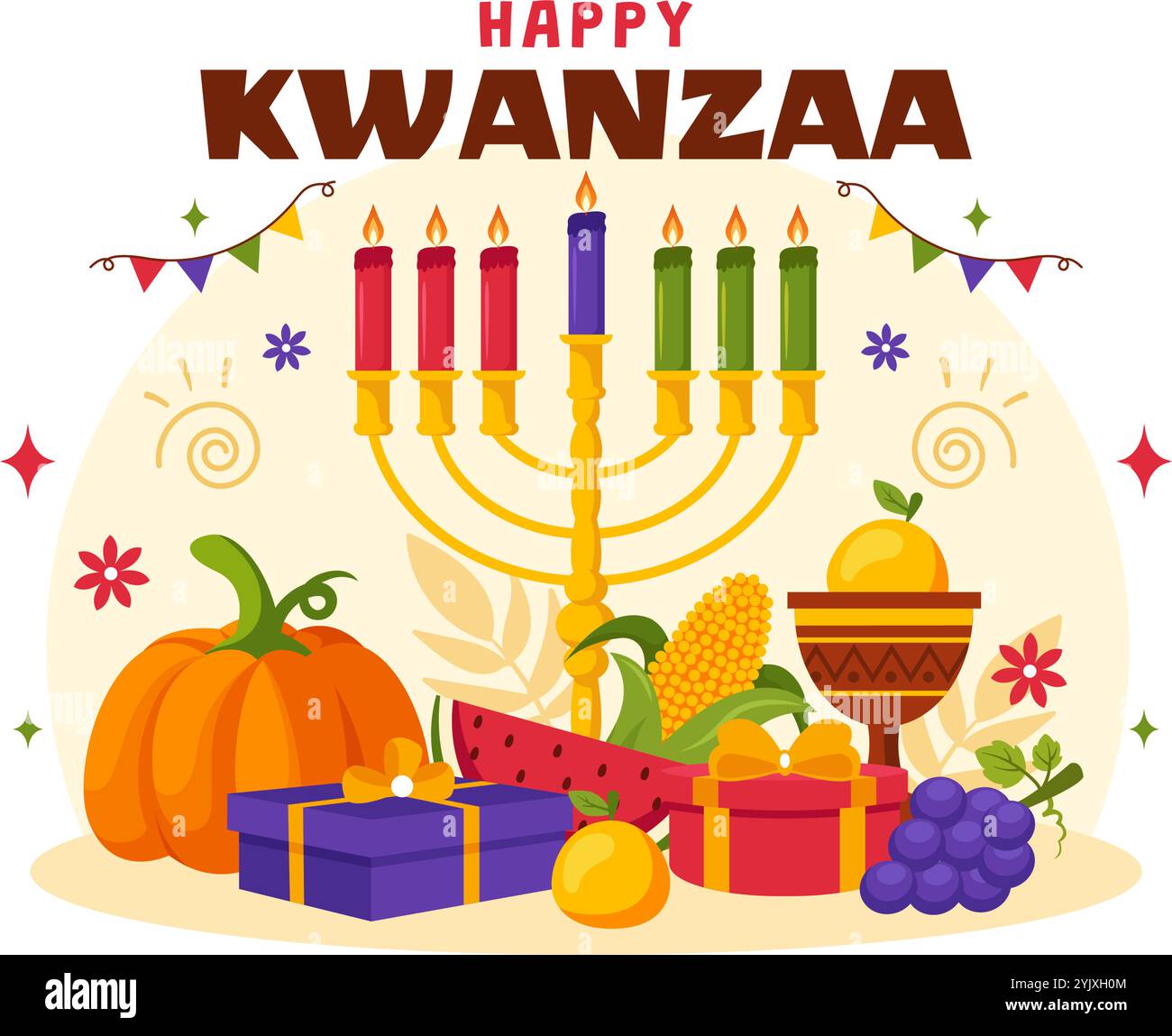 Happy Kwanzaa Vector Illustration Featuring Mazao, Zawadi, Mkeka, Kinara, Gifts, and Candles as ...