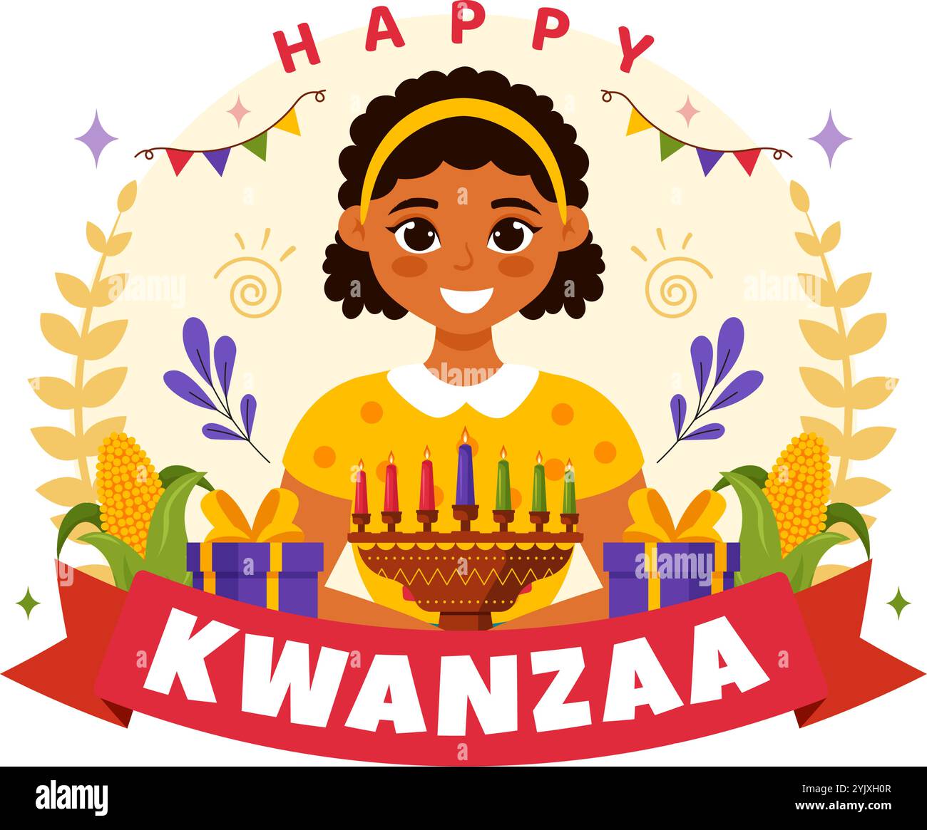 Happy Kwanzaa Vector Illustration Featuring Mazao, Zawadi, Mkeka, Kinara, Gifts, and Candles as ...