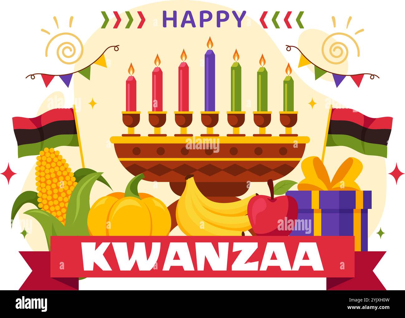 Happy Kwanzaa Vector Illustration Featuring Mazao, Zawadi, Mkeka, Kinara, Gifts, and Candles as ...