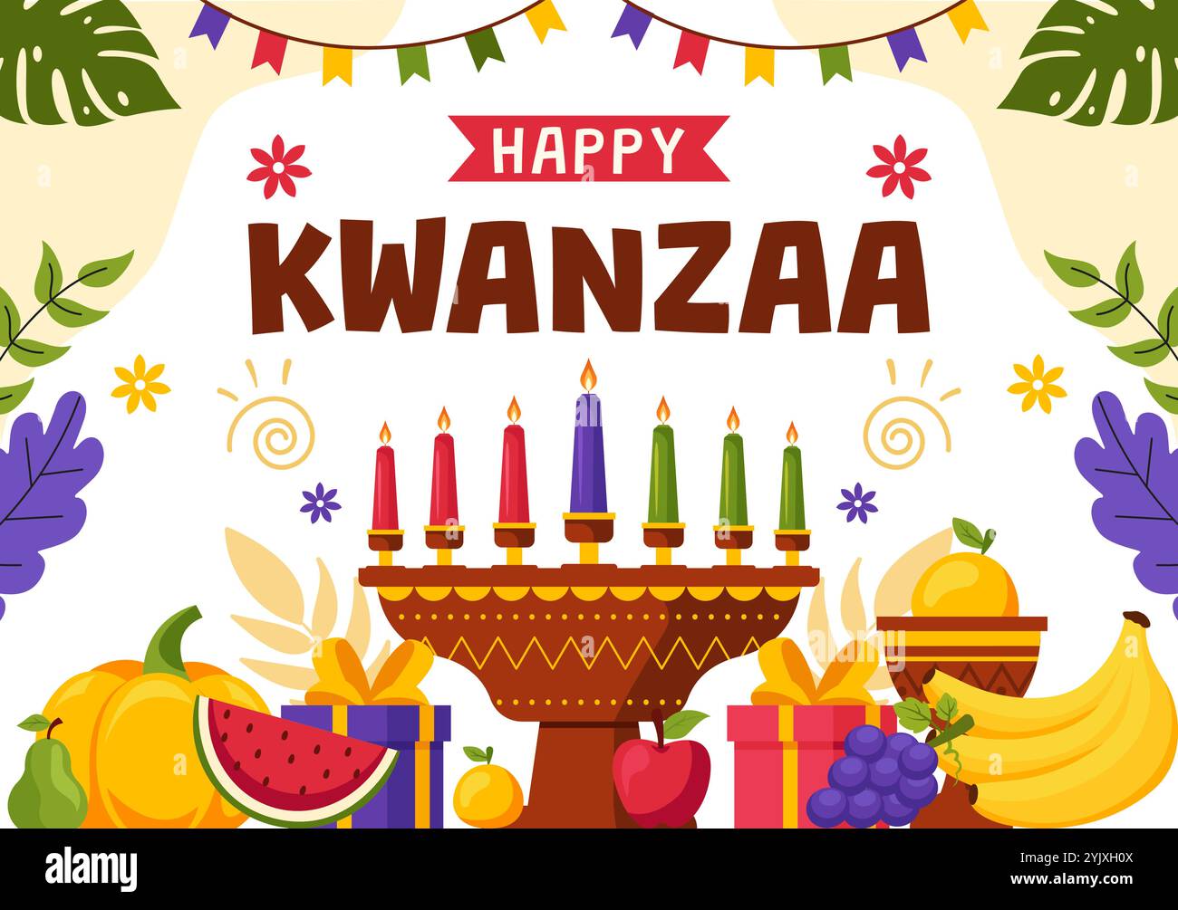 Happy Kwanzaa Vector Illustration Featuring Mazao, Zawadi, Mkeka, Kinara, Gifts, and Candles as ...