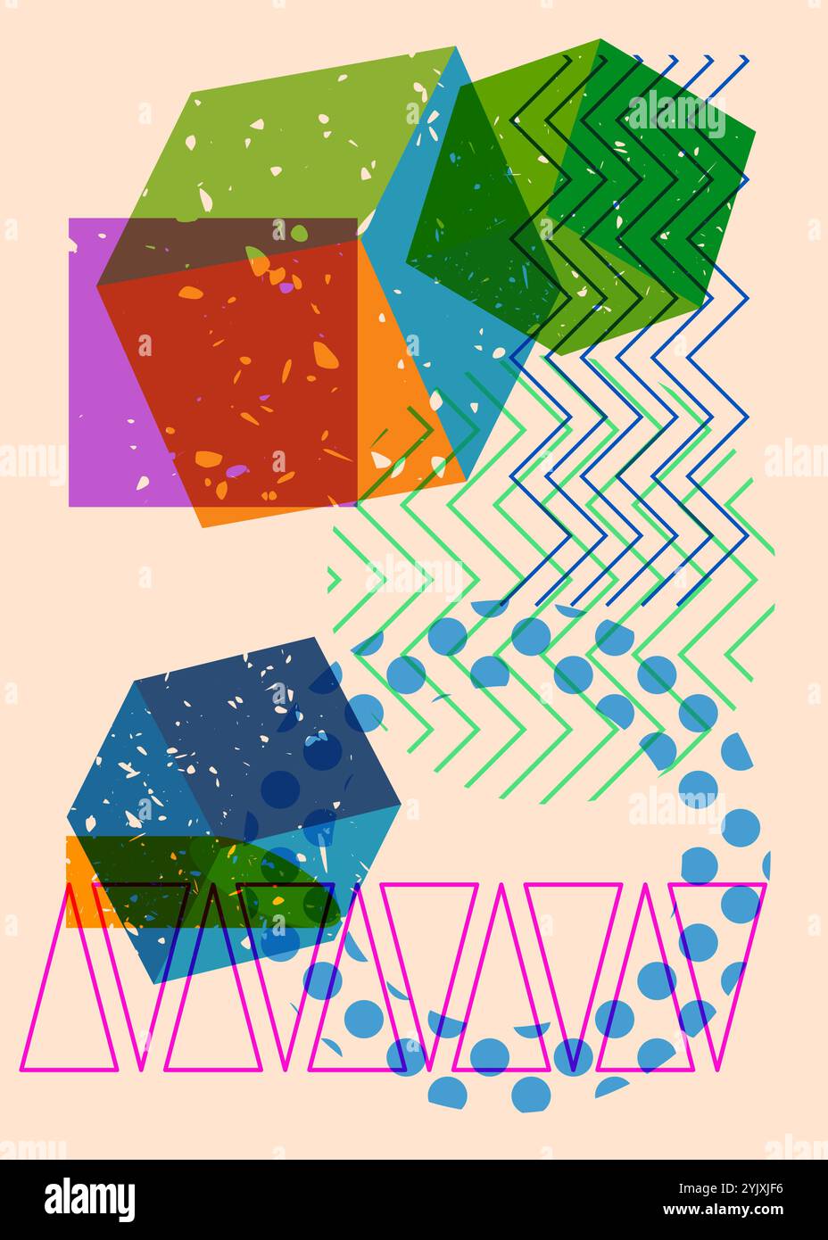 Colorful geometric shapes. Object in trendy riso graph design. Geometry elements abstract ...